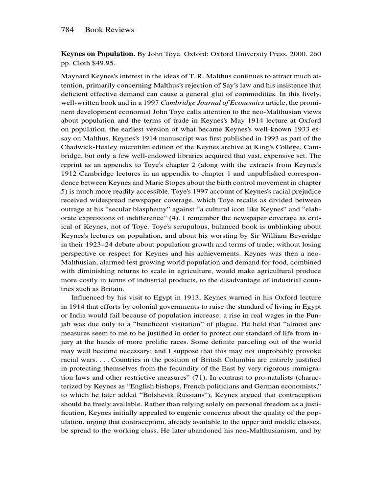 784 Book Reviews: Keynes On Population. by John Toye. Oxford: Oxford ...