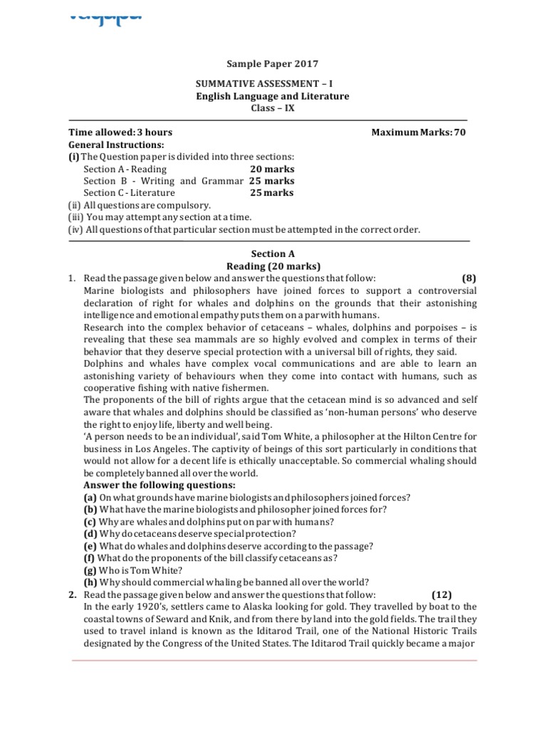 CBSE 2017 Class 9 Sample Paper English SA1 | PDF | Iditarod Trail Sled ...