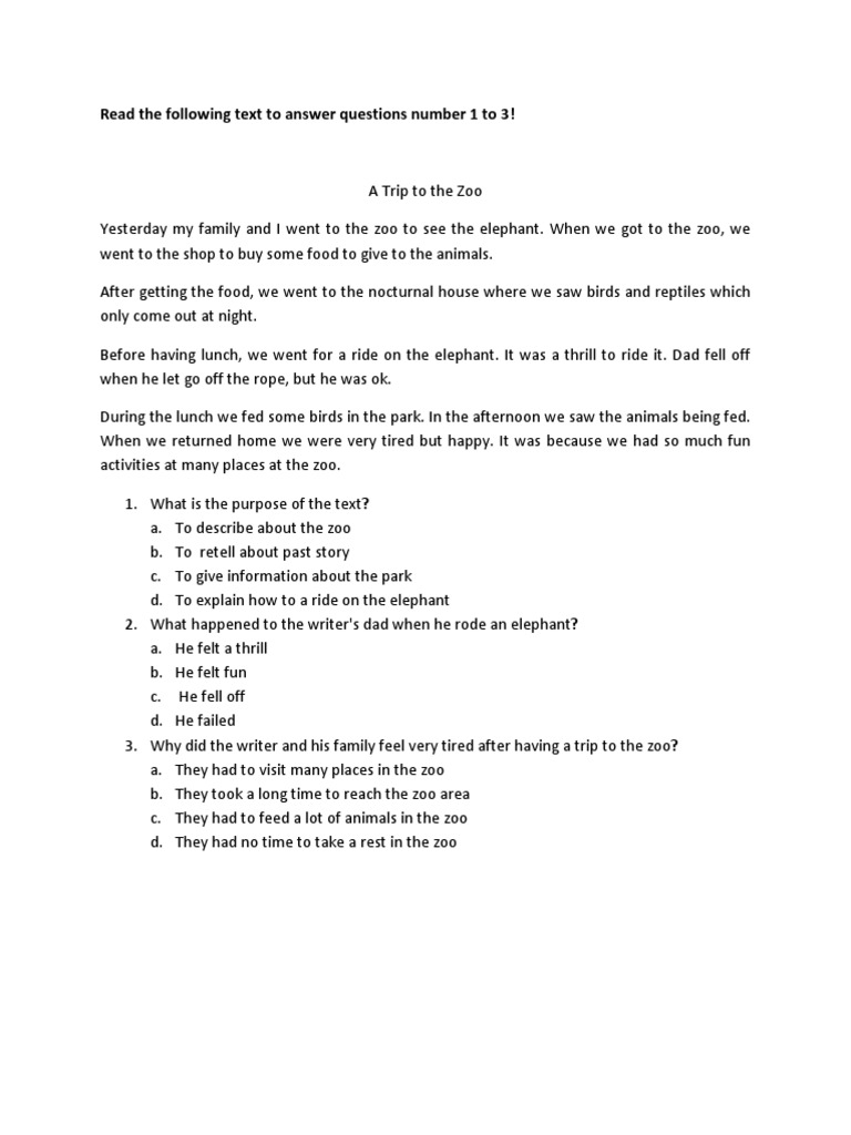 Read The Following Text To Answer Questions Number 1 To 3! | PDF | Zoo
