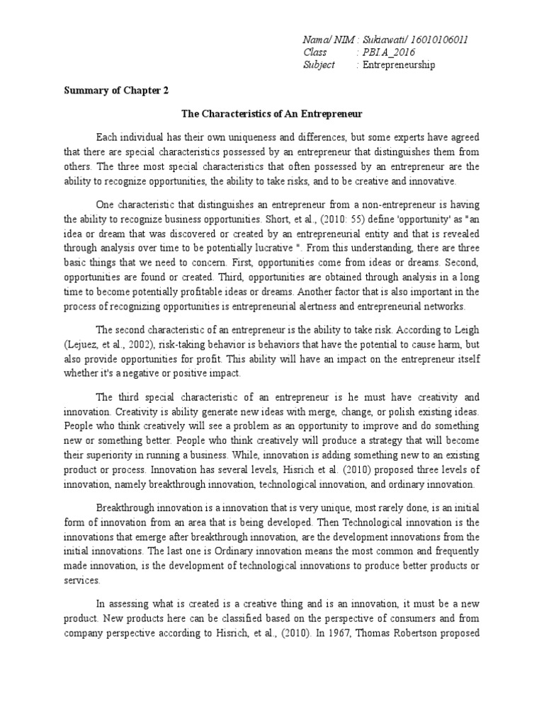 Summary of Chapter 2 The Characteristics of An Entrepreneur | PDF ...