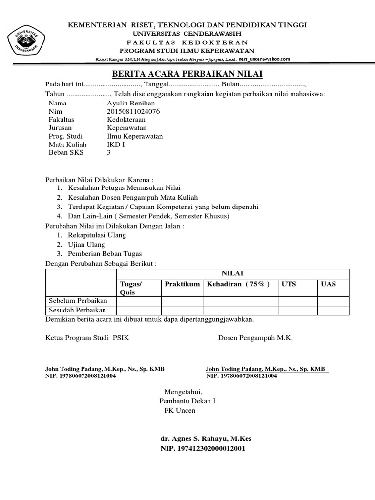 Berita Acara Perbaikan Nilai | PDF
