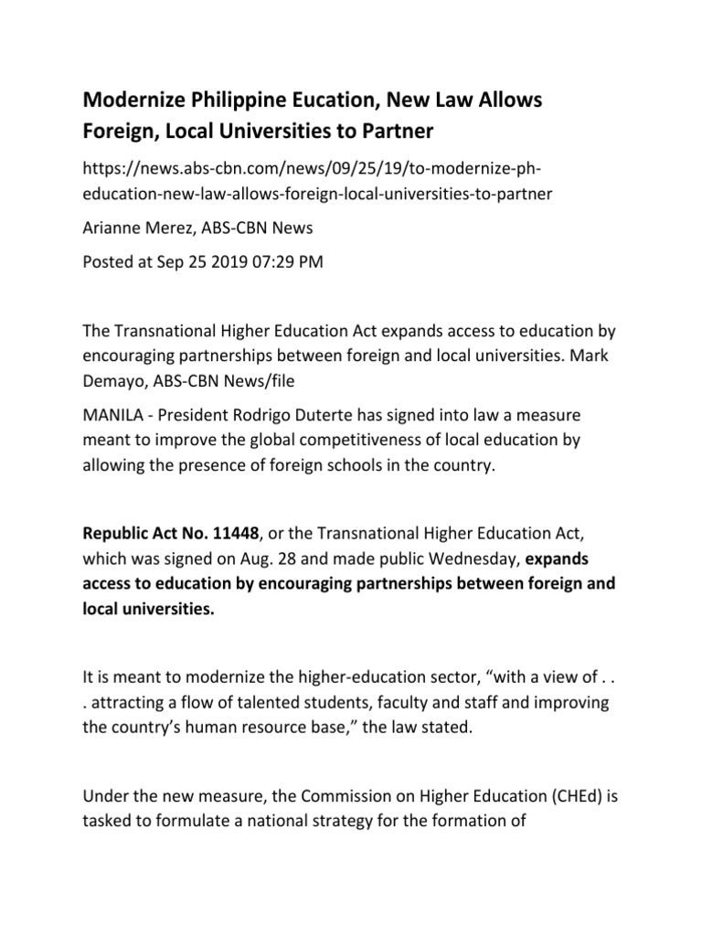Modernize Philippine Eucation, New Law Allows Foreign, Local ...