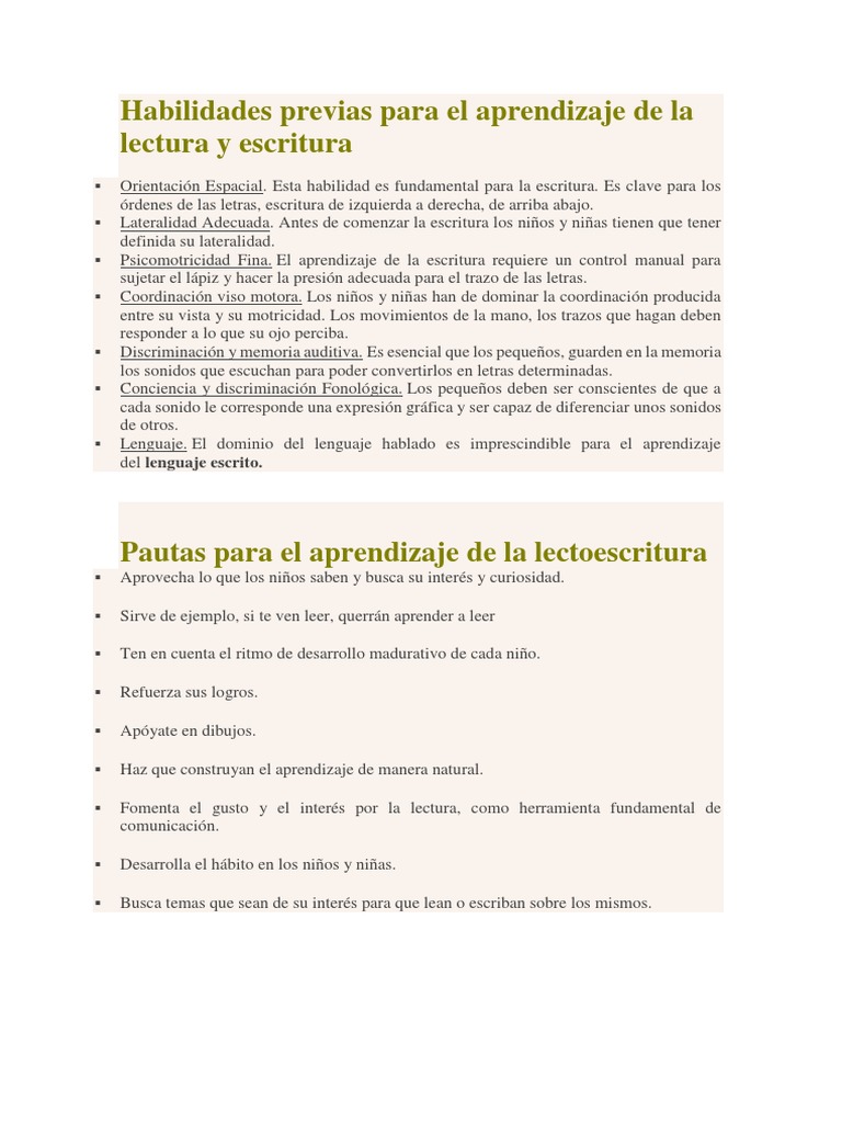 Habilidades Previas para El Aprendizaje de La Lectura y Escritura | PDF