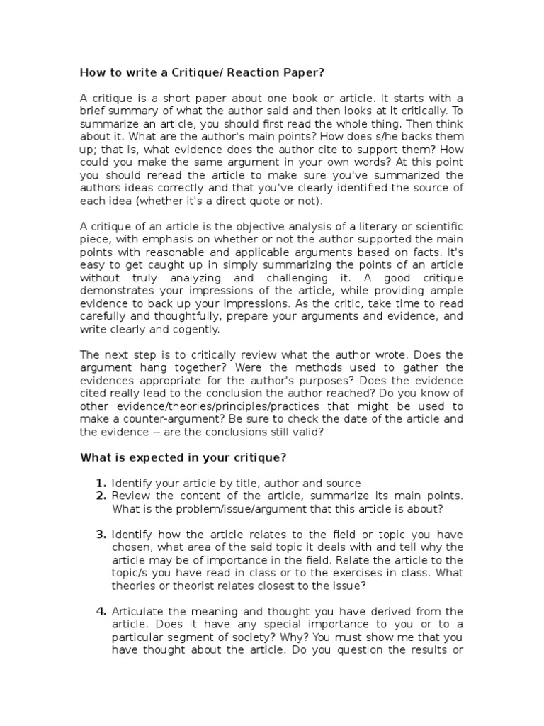 How To Write An ArticleCritique or Reaction Paper | PDF | Critique ...