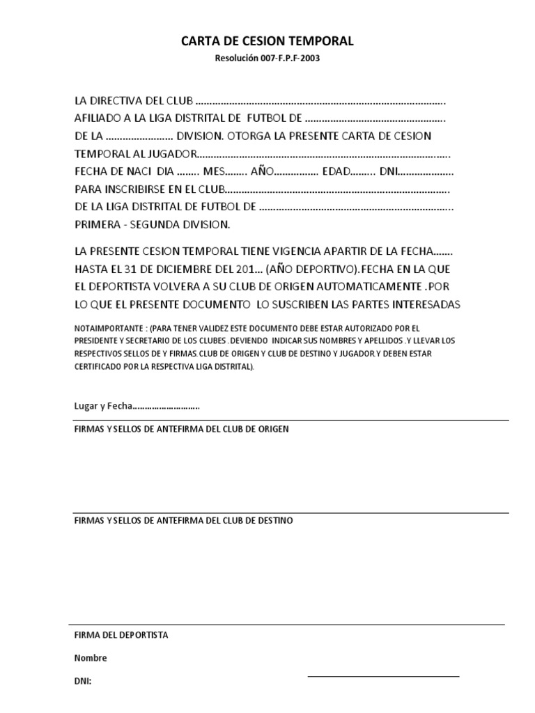 Carta de Cesion Temporal | PDF