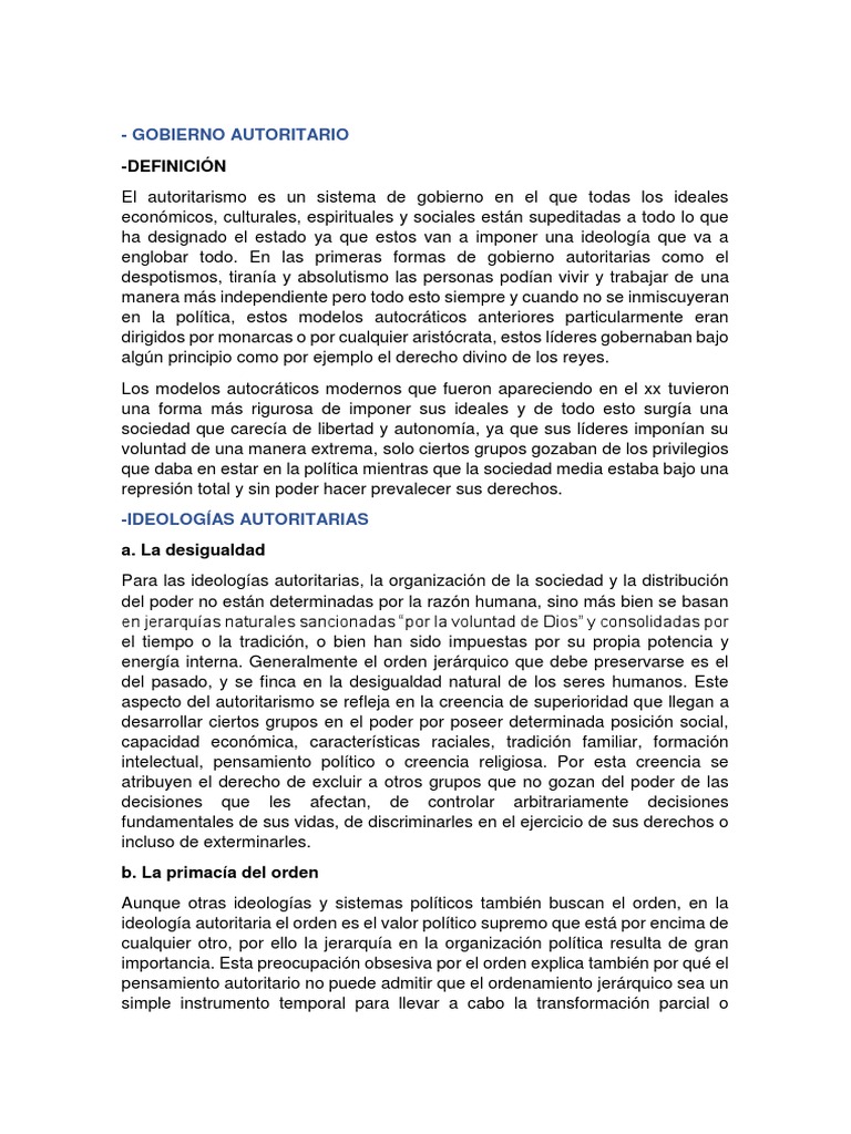 Gobiernos autoritarios: definición, características e historia | PDF ...