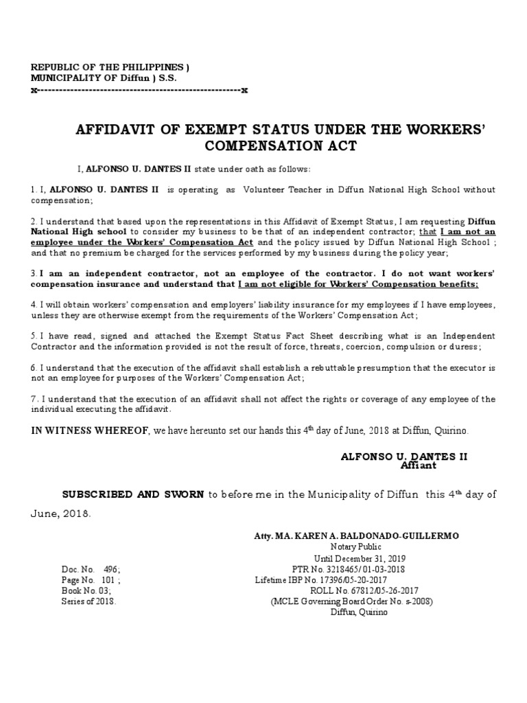 Affidavit of Exempt Status Under The Workers' Compensation Act | PDF ...