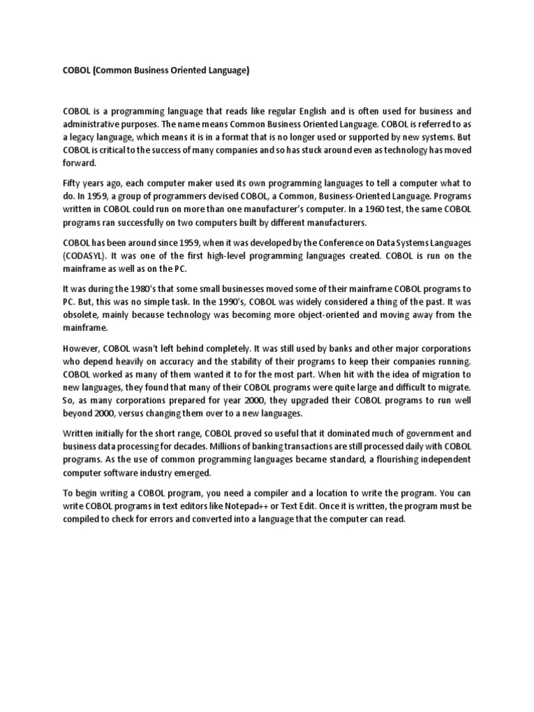 COBOL (Common Business Oriented Language) | PDF | Computer Program | Programming