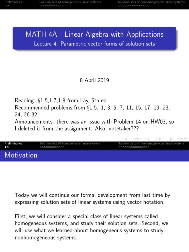 MATH 4A - Linear Algebra With Applications: Lecture 4: Parametric Vector Forms of Solution Sets ...