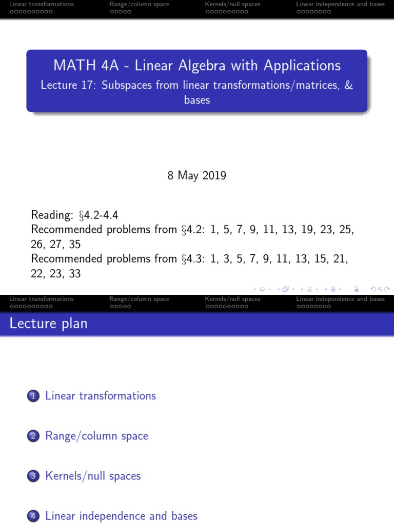 MATH 4A - Linear Algebra With Applications: Lecture 17: Subspaces From Linear Transformations ...