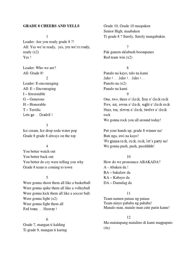 Grade 8 Cheers and Yells | PDF | Ball Games | Team Sports