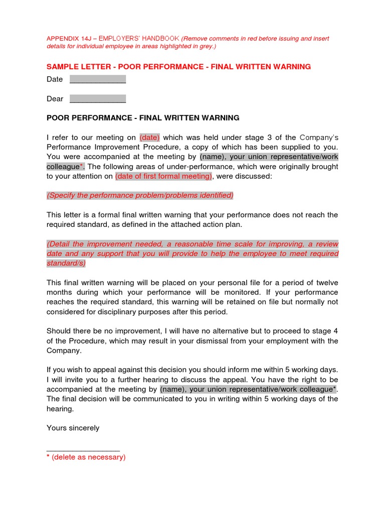 14J Sample Letter of Final Written Warning Due To Poor Performance | PDF