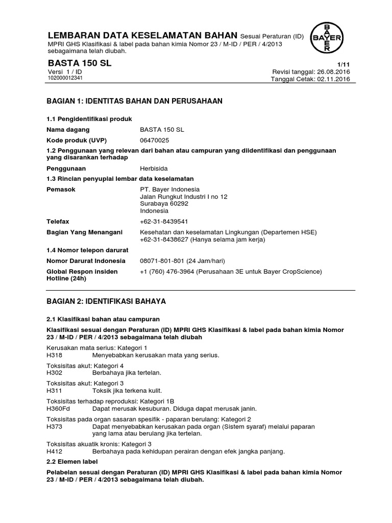 Lembar Data Keselamatan BASTA 150 SL | PDF