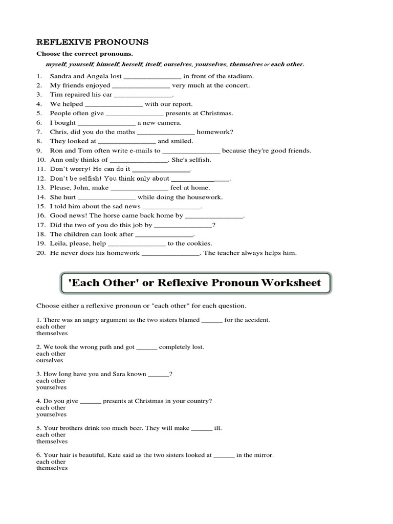 'Each Other' or Reflexive Pronoun Worksheet | PDF