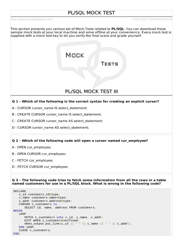 PLSQL Mock Test III | Download Free PDF | Pl/Sql | Data Management