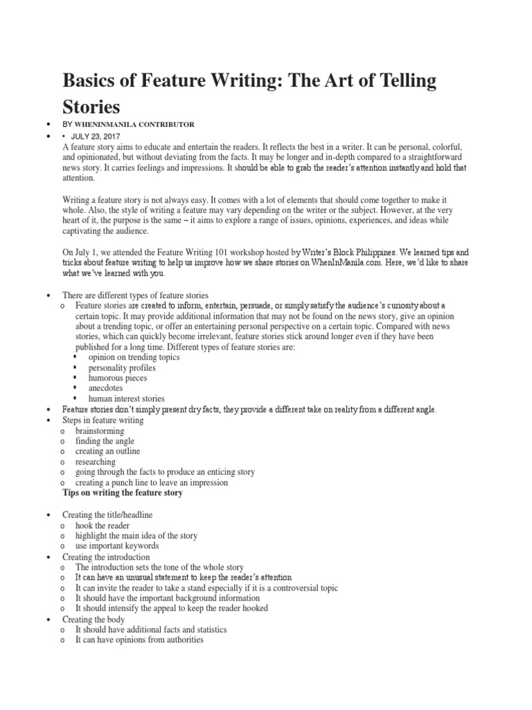 Essentials of Feature Writing in Journalism | PDF | News | Writers