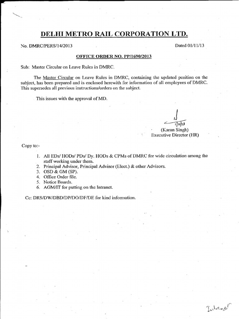 Master Circular On Leave Rules in DMRC PDF | PDF