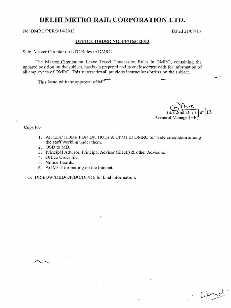 Master Circular On LTC Rules in DMRC | PDF