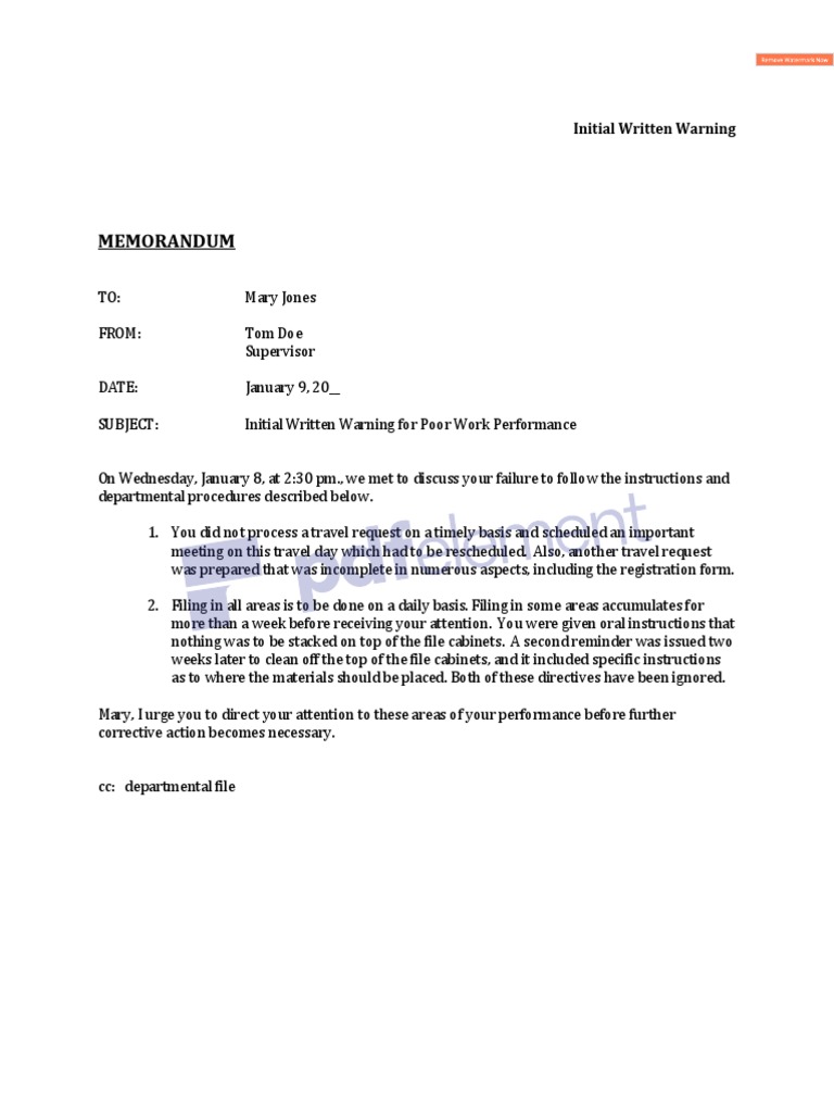 Memorandum: Initial Written Warning | PDF | Human Resources | Employment