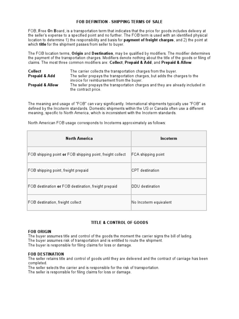 FOB Definition and Shipping Terms of Sale | PDF | Supply Chain ...