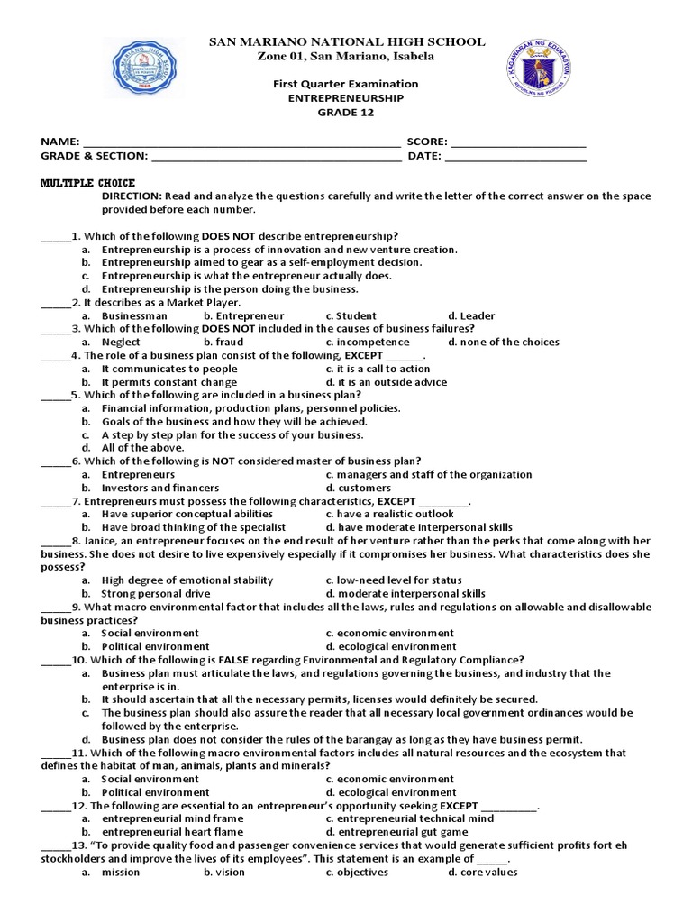 Multiple Choice DIRECTION: Read and Analyze The Questions Carefully and ...