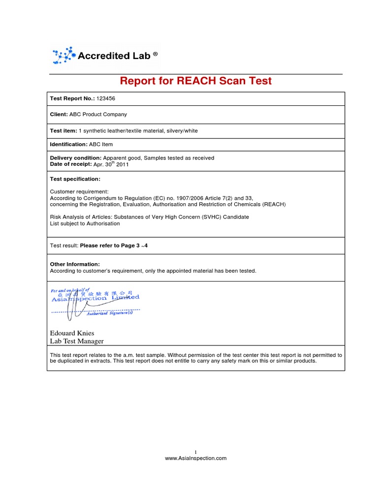 REACH Test Report for Synthetic Leather | PDF | Chemical Substances ...
