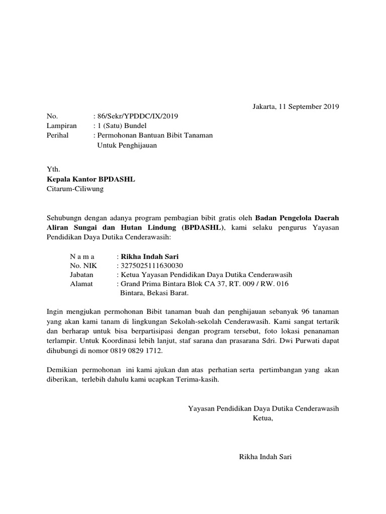 Surat Pengantar Permohonan BIBIT Tanaman | PDF