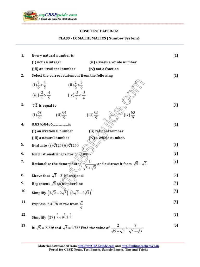 09 Mathematics Number System Test 02 PDF | PDF | Numbers | Fraction ...
