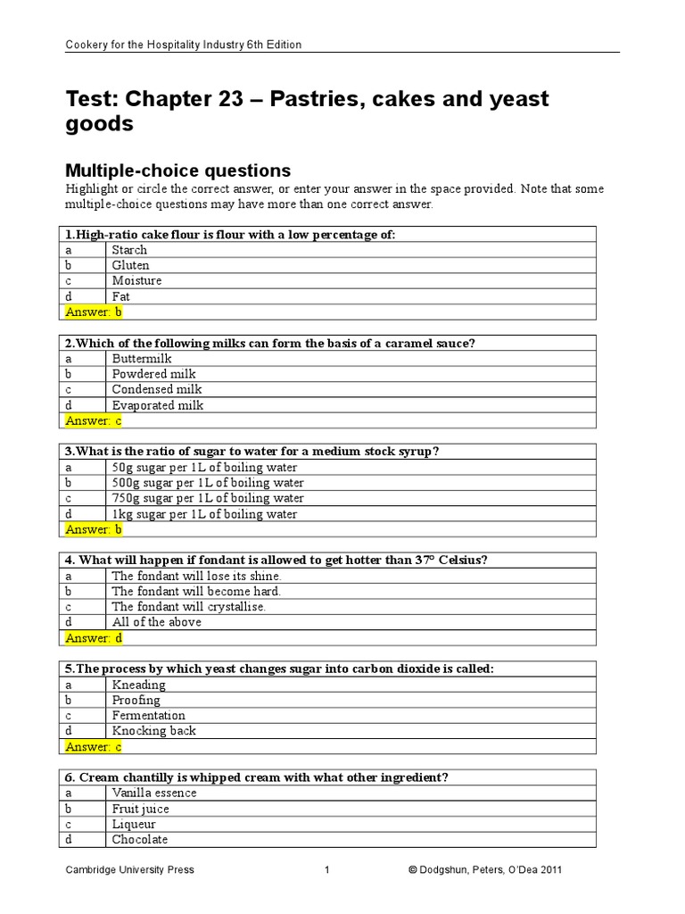 Test: Chapter 23 - Pastries, Cakes and Yeast Goods: Multiple-Choice ...