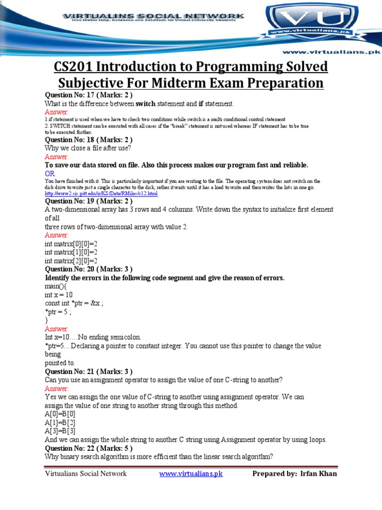 CS201 Introduction To Programming Solved Subjective For Midterm Exam Preparation | PDF ...