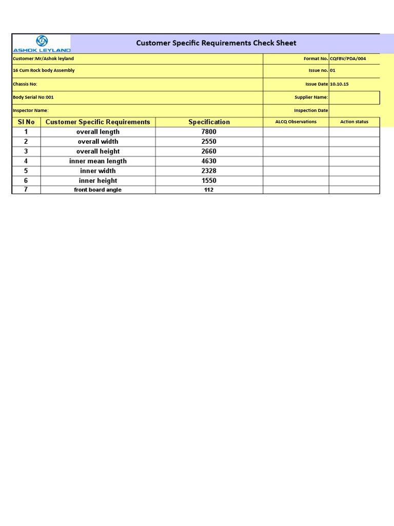 Customer Specific Requirements Checklist | PDF