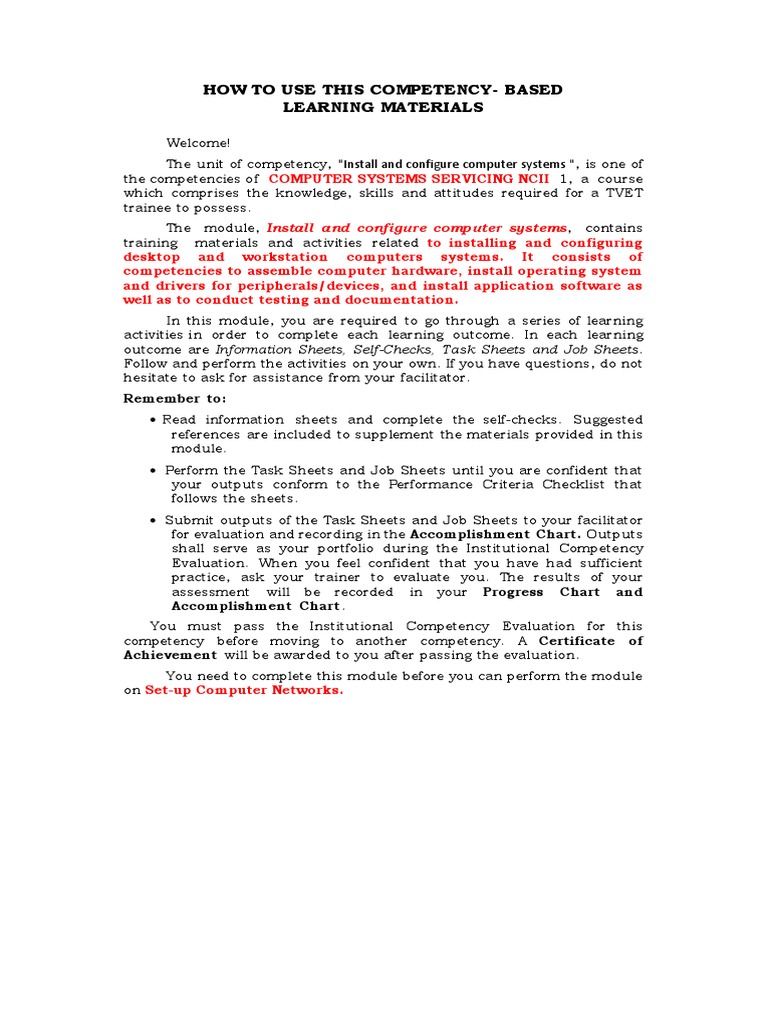 How To Use This Competency-Based Learning Materials: Install and Configure Computer Systems ...