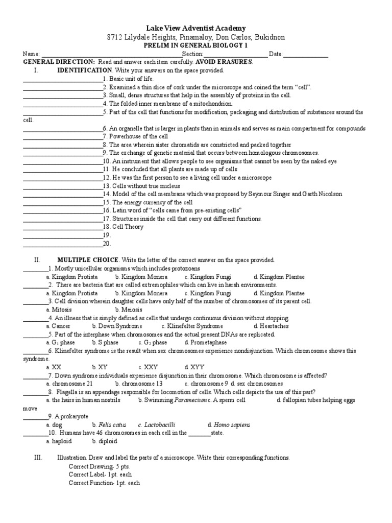 Prelim Exam in General Biology 1 | PDF | Cell (Biology) | Chromosome
