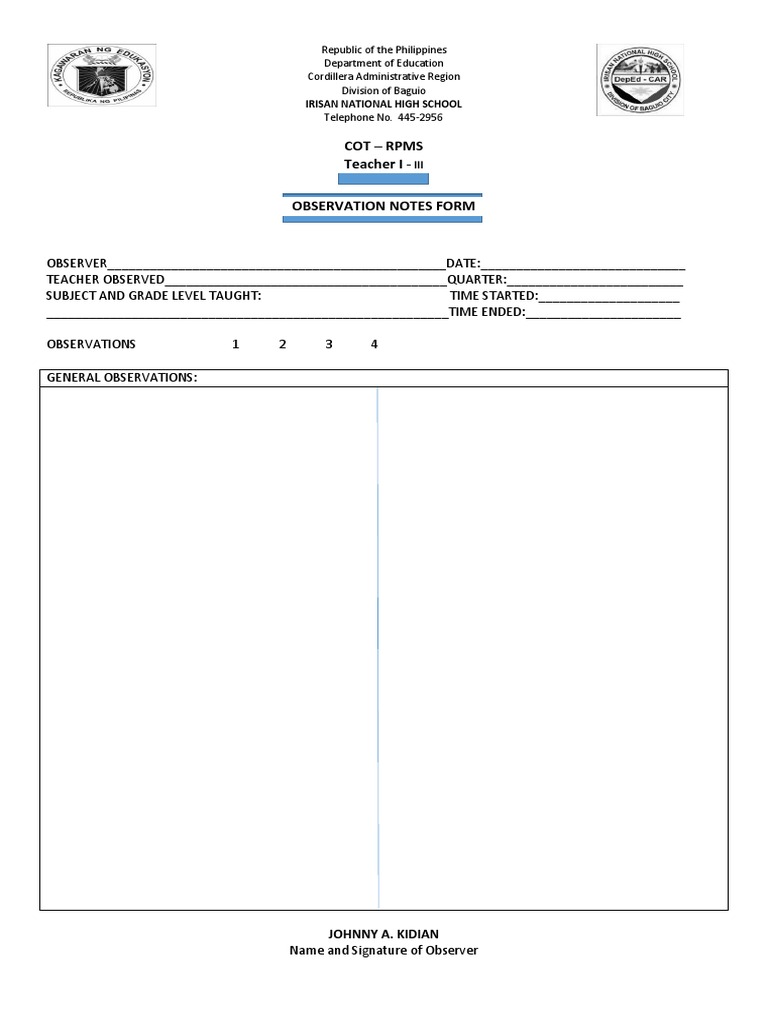 Cot - Rpms Teacher I - Observation Notes Form: Irisan National High ...