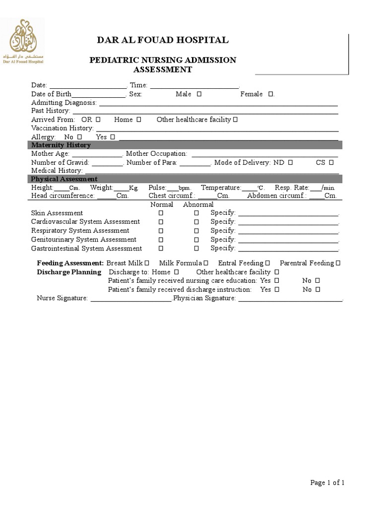 Pediatric Nursing Admission Assessment | PDF