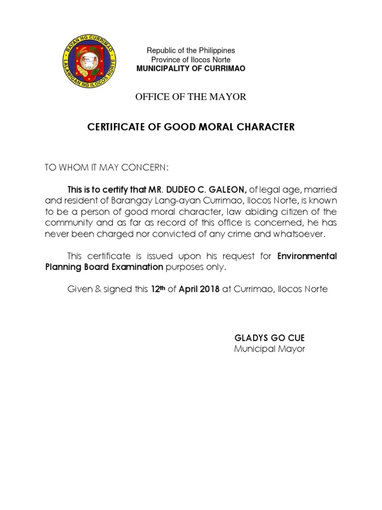 Certificate of Good Moral Character | PDF