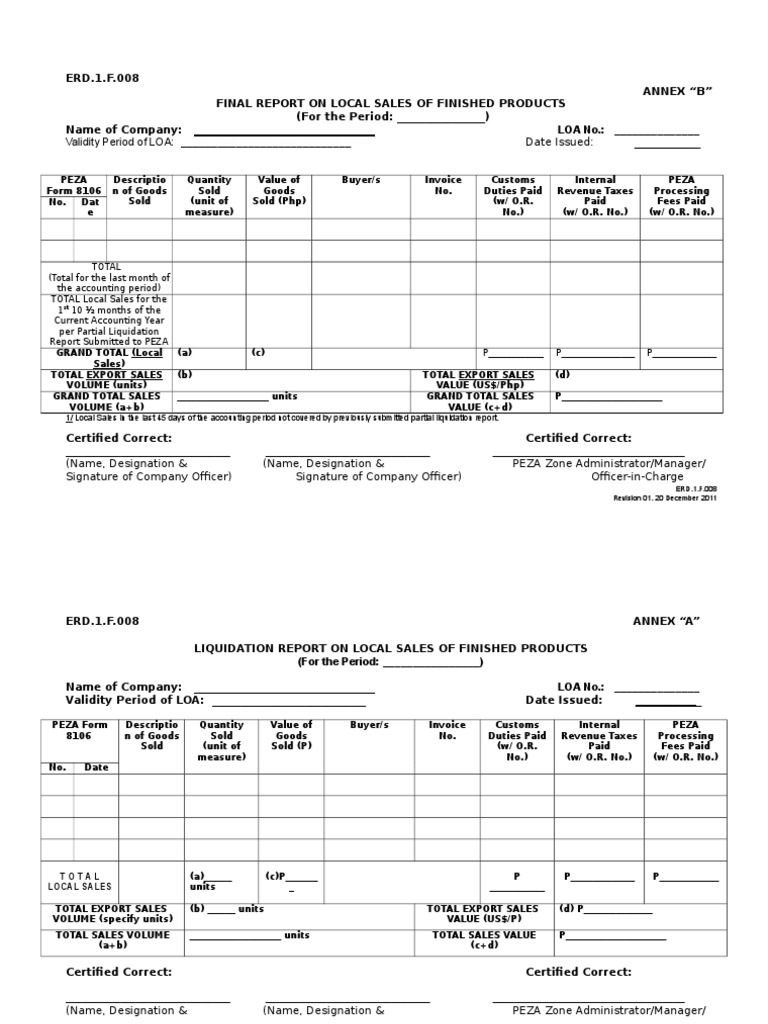 PEZA Form 8106 Local Sales Report | PDF | Customs | Government