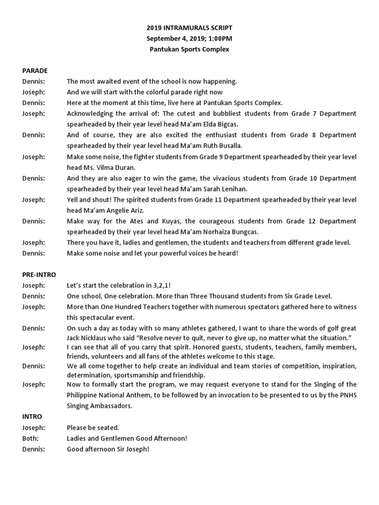 2019 Intramurals Script | PDF | Sports | Leisure