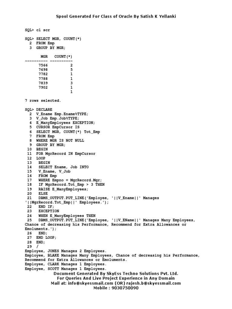 Spool Generated For Class of Oracle by Satish K Yellanki | PDF | Pl/Sql ... Spool Generated For Class of Oracle by Satish K Yellanki | PDF | Pl/Sql ...