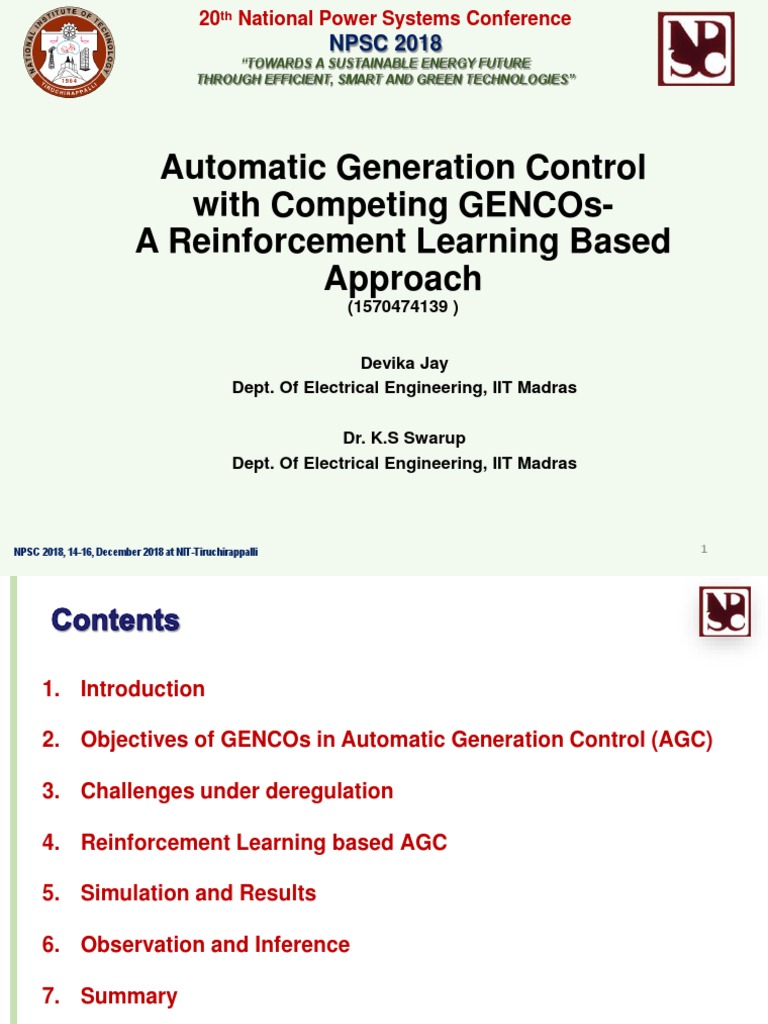 Reinforcement learning approach for AGC with competing GENCOs | PDF | Mathematical Optimization ...