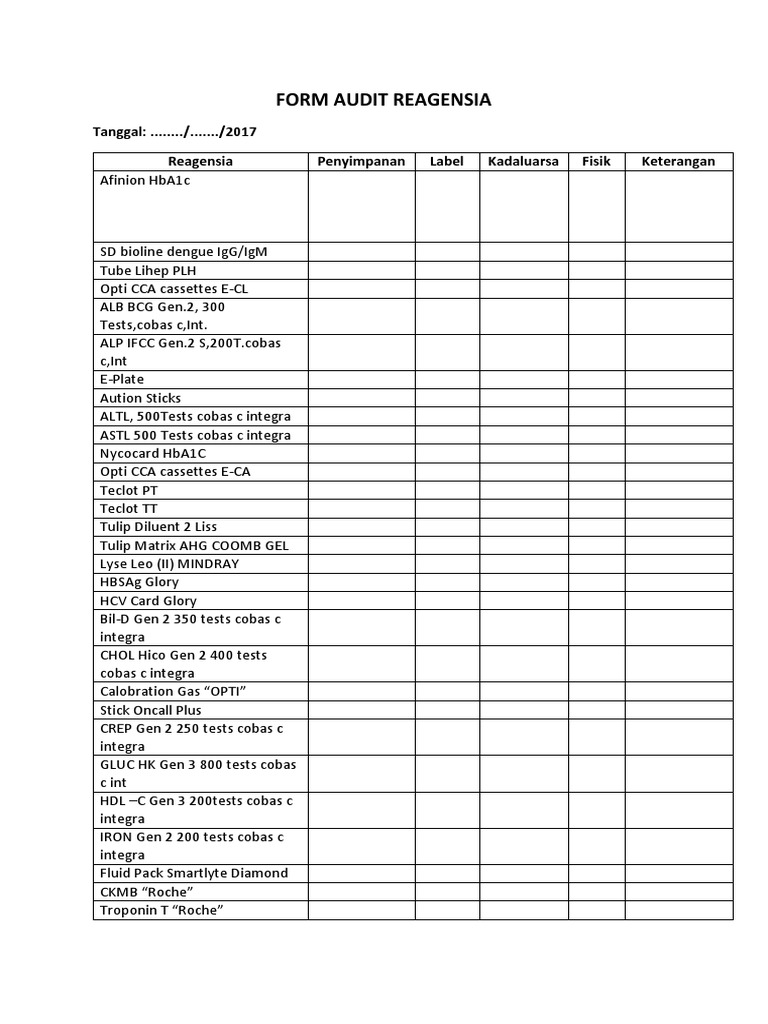Form Audit Reagensia: Tanggal: ........ /....... /2017 Reagensia ...