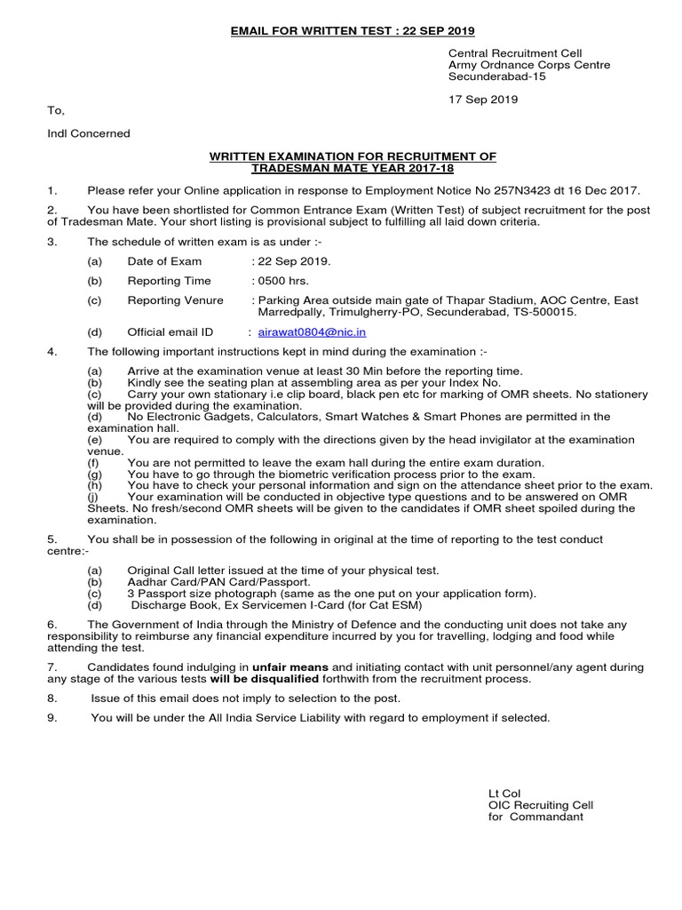 Email For Written Test: 22 Sep 2019: Airawat0804@nic - in | PDF | Test ...