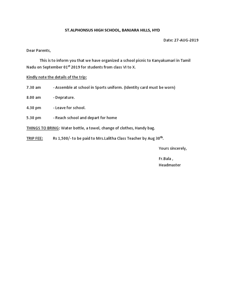 SCHOOL PICNIC Notice | PDF