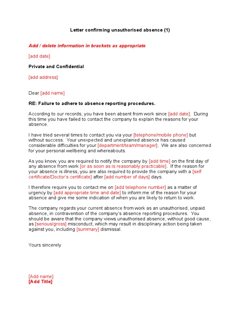 Letter Confirming Unauthorised Absence 1 | PDF