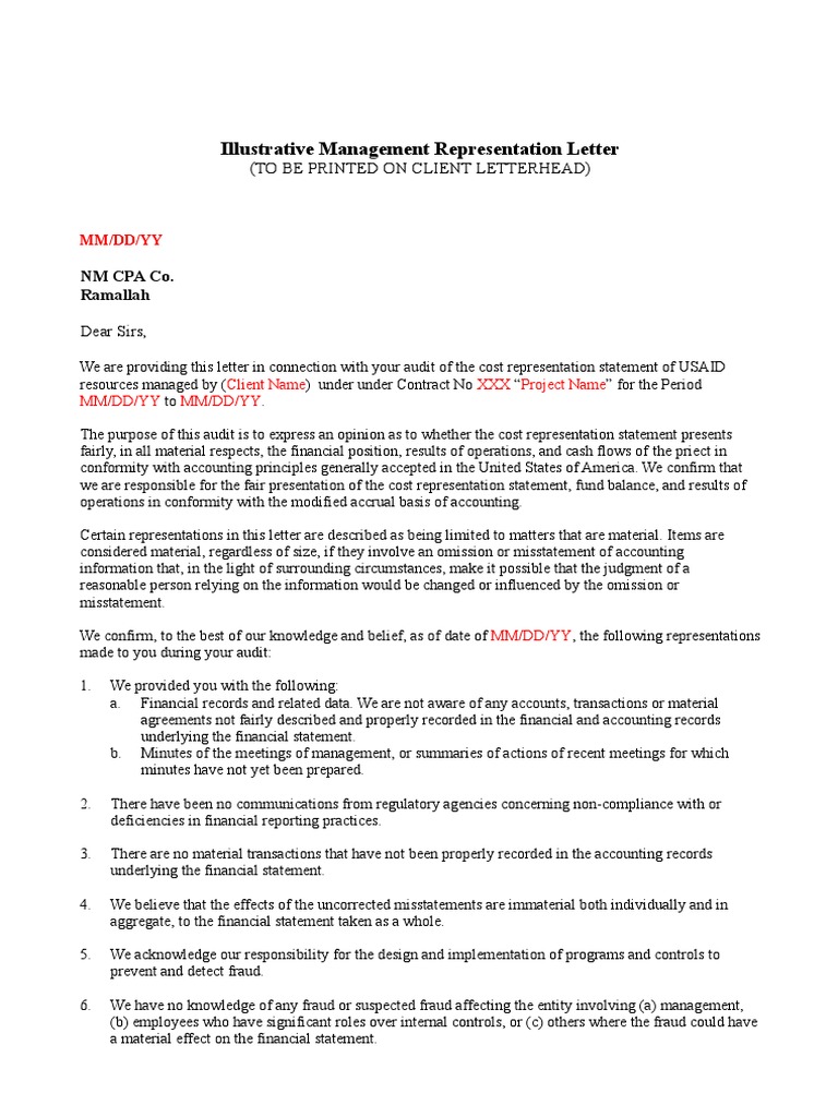 Management Representation Letter Sample | PDF | Internal Control | Audit