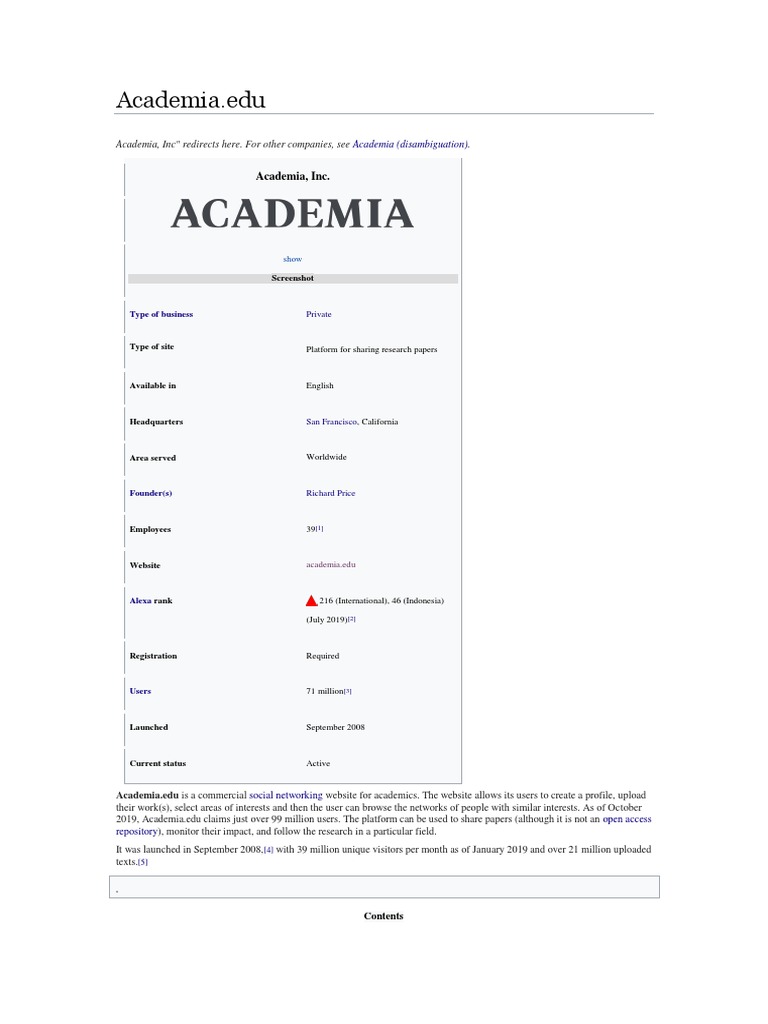 Academia - Edu: Academia, Inc" Redirects Here. For Other Companies, See ...