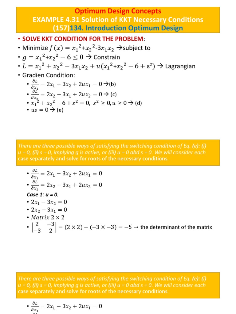 EXAMPLE 4.31 Solution of KKT Necessary Conditions (157) : 134. Introduction Optimum Design | PDF ...