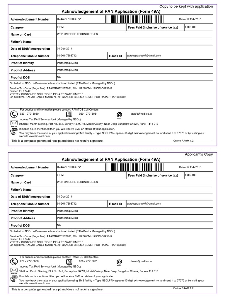 Acknowledgement of PAN Application (Form 49A) | PDF | Identity Document ...