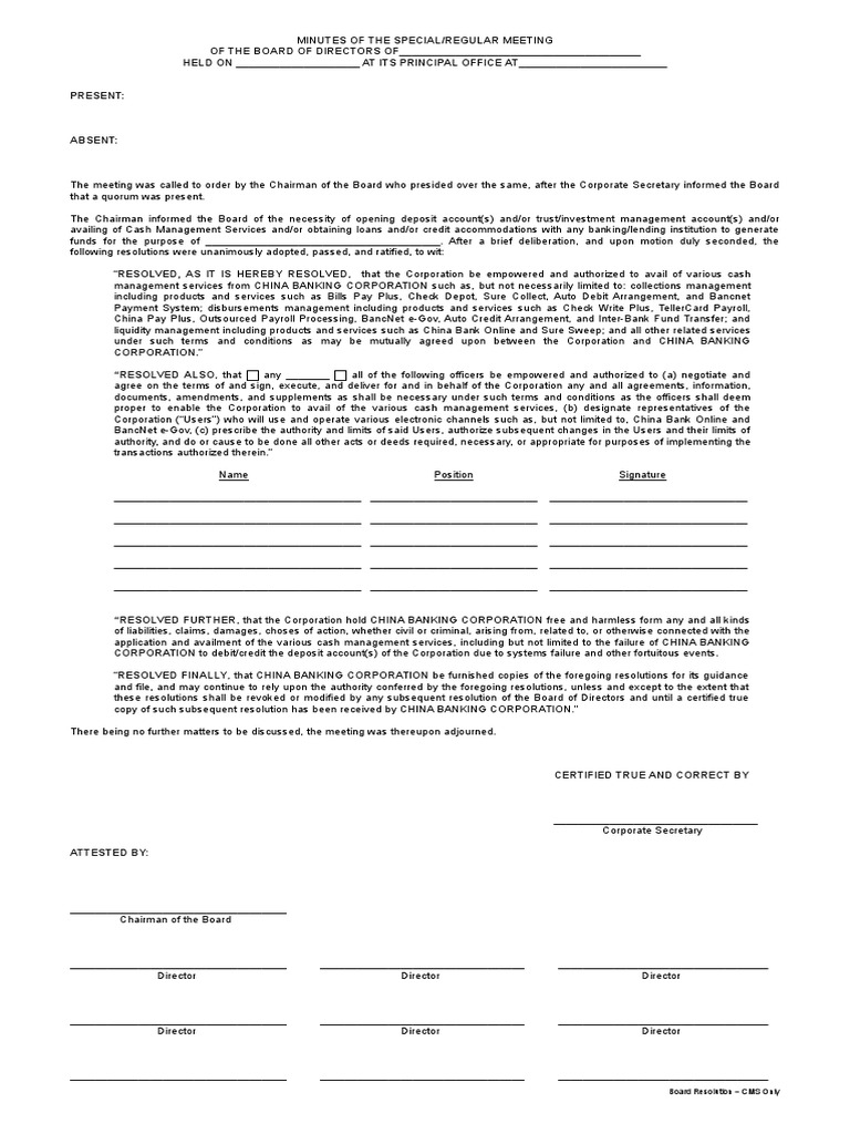 (2012) Board Resolution - CMS Only | PDF | Deposit Account | Banks