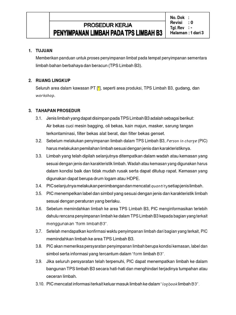 SOP Penyimpanan Limbah Pada TPS Limbah B3 | PDF